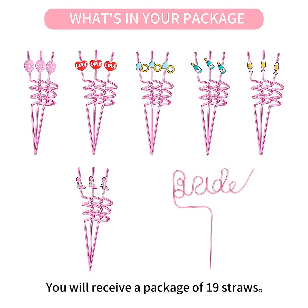 19Pcs Bride Straws - Bachelorette Party Favors Bridal Shower Gifts for Bride to Be Drinking Straws, 1 Large Bride and 18 Small Straw Bachelorette Decoration Party Supplies