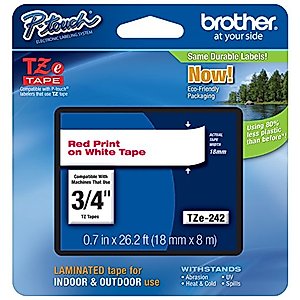 Genuine Brother 3/4" (18mm) Red on White TZe P-Touch Tape for Brother PT-1880, PT1880 Label Maker