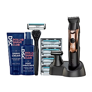 Dollar Shave Club | The Fundamental Grooming Set | Double Header Electric Trimmer, Shave Cream (3 oz), 4 Blade Razor Cartridges (4), Post Shave Dew (3.4 oz) | Our Best Shave Bundle Yet, Black
