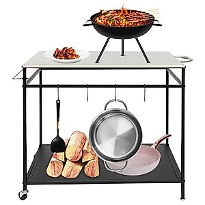 Mobile Double-Shelf Outdoor Grill Cart, Stainless Steel Dining Cart Table with Hooks and Handles, Portable Dining Table for Pizza Oven, Portable Grill Table with Storage Space