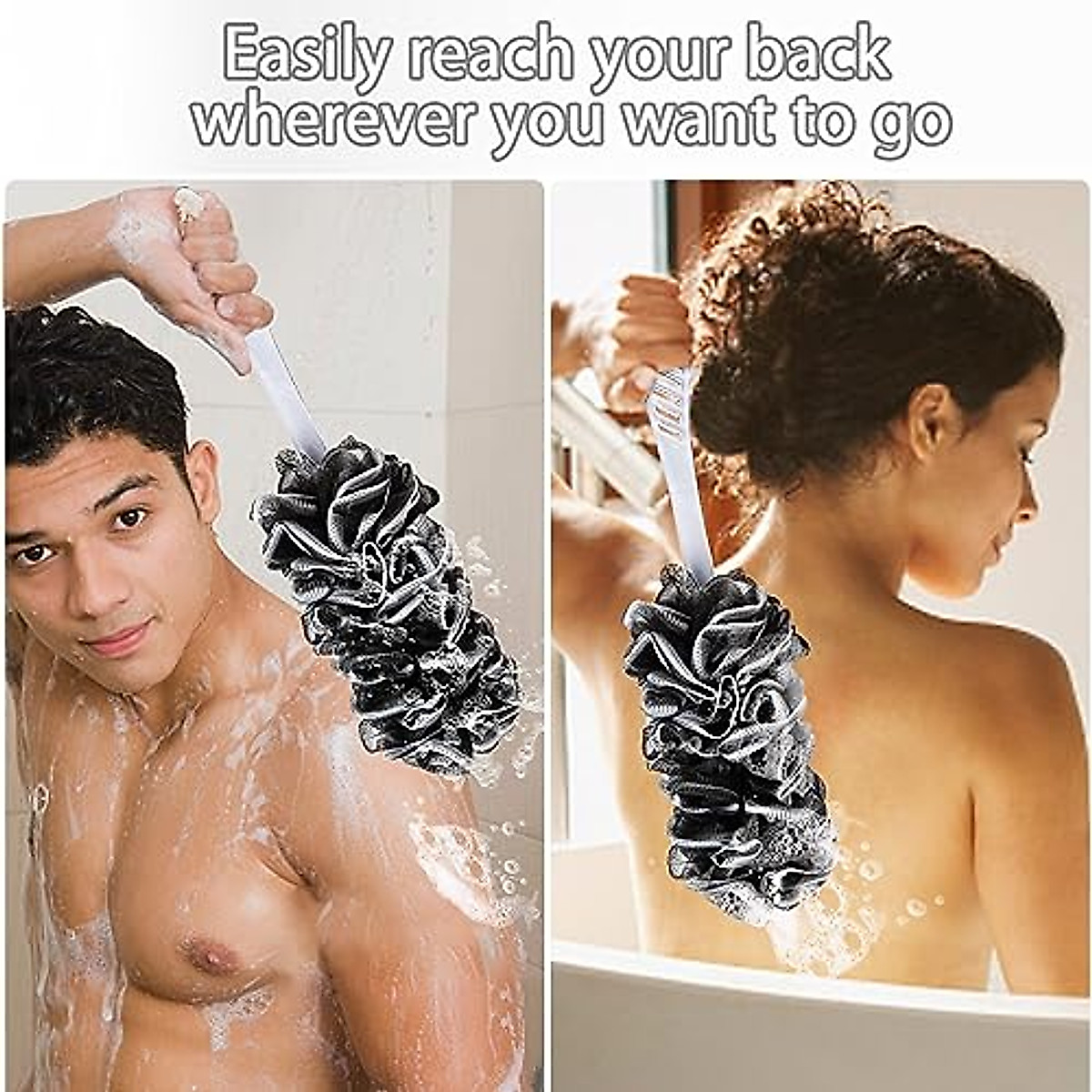 Qewro 2Pack Back Scrubber for Shower, Dual-Sided Loofah on a Stick as Shower Brush Exfoliating Body with Long Handle, Loofah Sponge Mens Loofah Bathing Accessories for Women