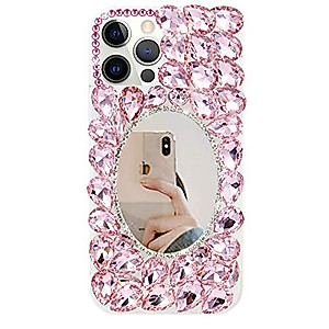 Crystal Mirror Case for iPhone 13 Pro,Luxury Sparkle Bling 3D Diamond Rhinestone Phone Case Women Girls Makeup MOIKY Clear Slim Shockproof TPU Bumper Protective Cover for iPhone 13 Pro(Pink)