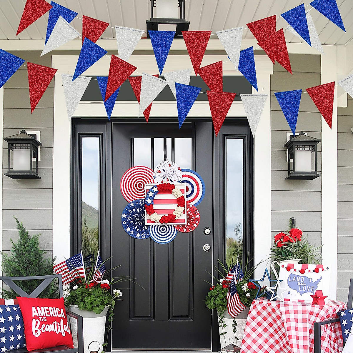 XIANMU Patriotic Pennant Banner Red Blue Silver/White Triangle Flag Bunting Banner Patriotic Decorations Glitter Paper Garlands for 4th of July Independence Day Party Decorations Supplies 40 Feet