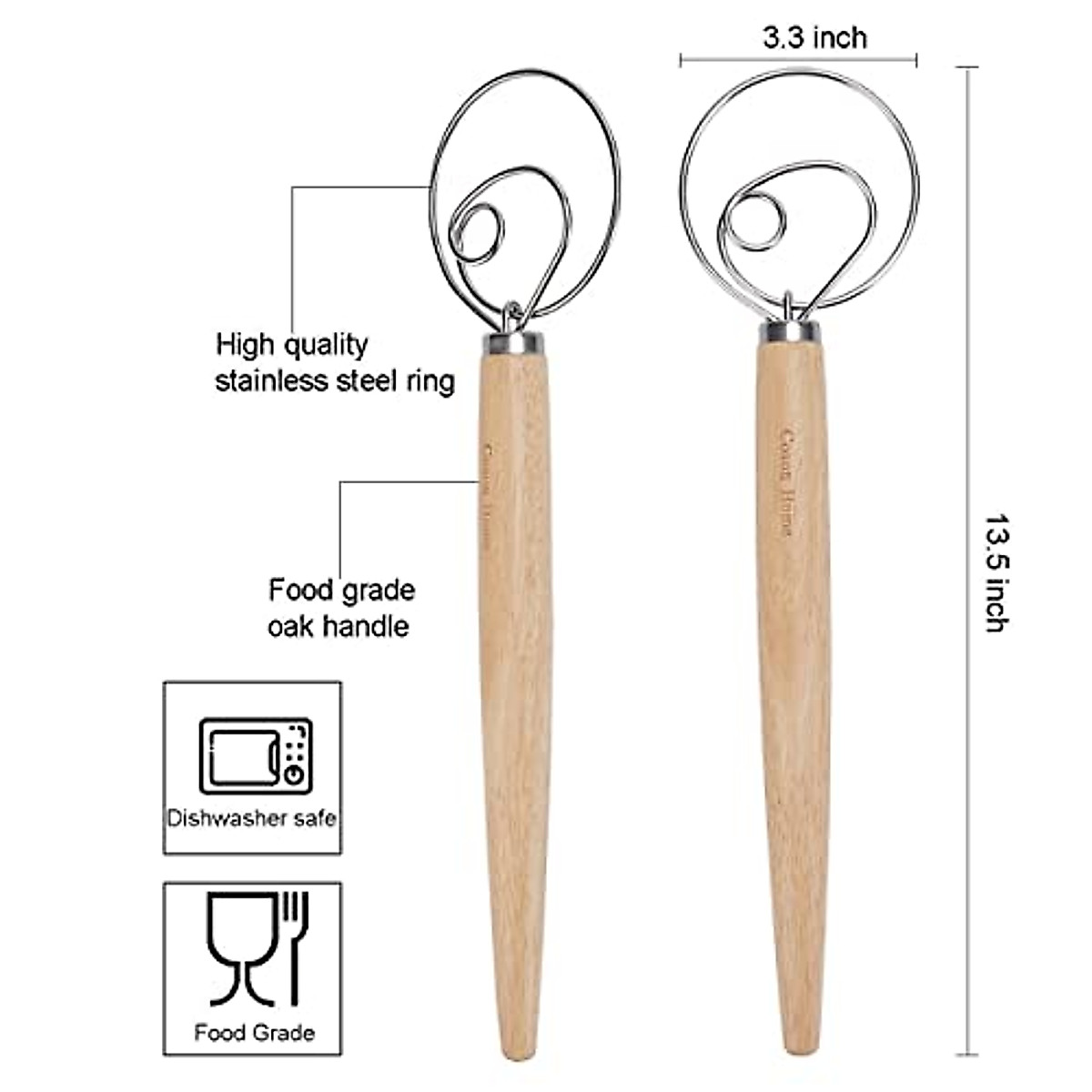 Pack of 2 Danish Dough Whisk Blender Dutch Bread Whisk Hook Wooden Hand Mixer Bread Baking Tools for Cake Bread Pizza Pastry Biscuits Tool Stainless Steel Ring 13.5 inches 0.22 lb/pcs