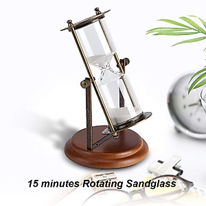 15 Minutes Hourglass Metal Glass Rotating Sand Timer with Wooden Base for Gifts Toy Home Office Desktop Decor