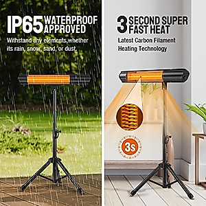 SIEANE Outdoor Patio Heater Electric Carbon Infrared Wall Mounted/Ceiling/Tripod 1500W Adjustable Temperature Instant Warm Heater with Remote Control IP65 Waterproof Heater for Garage Backyard