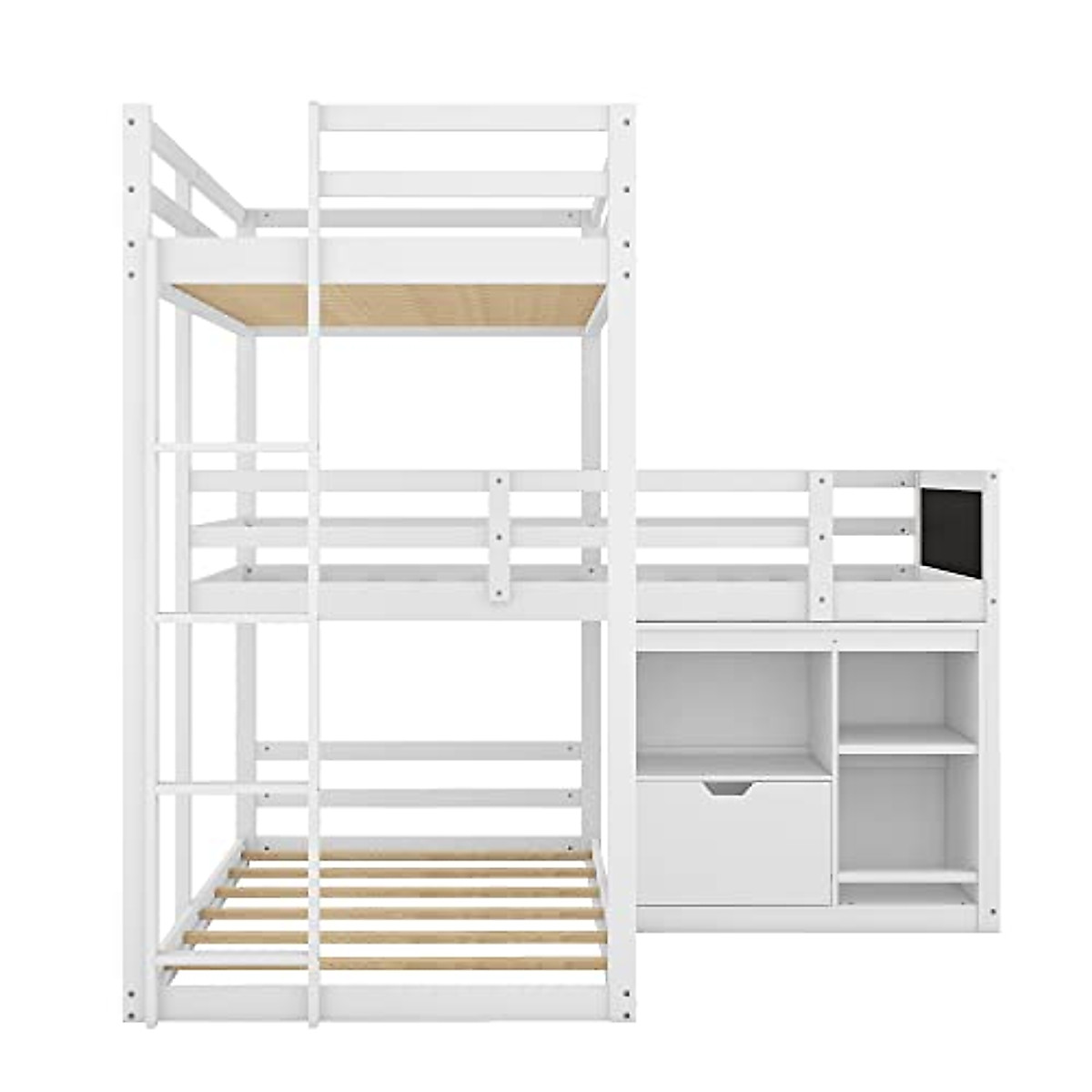 WOXYX L-Shaped Wood Triple Twin Size Bunk Bed with Storage Cabinet and Blackboard, Ladder,White