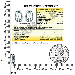 1/4 Carat | 10K White Gold | IGI Certified Lab Grown3 Line Hoop Diamond Earrings Prong Setting | Round Shape Diamond | Friendly Diamonds Earrings | G-H Color, SI1 Clarity