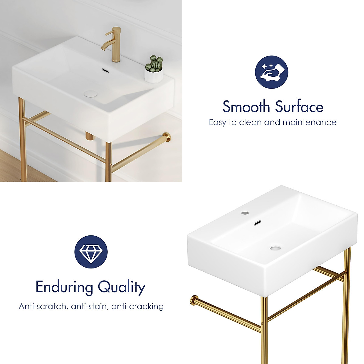 Eridanus 24"x16" Console Bathroom Sink, Free Standing 30 Inch Chrome Steel Support Pedestal Legs, Wall Mount White Vessel Ceramic Vanity Basin Modern Rectangular Sinks Porcelain, Brushed Gold