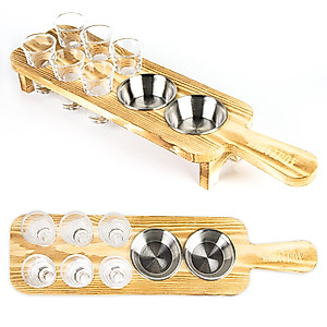 Shot Glasses Serving Tray Tequila Shot Glass Holder with 6 Shot Glasses Set Unique Wooden Holder for Drinking, Serving, Display and Storage Suitable for Bar, Restaurant and Party