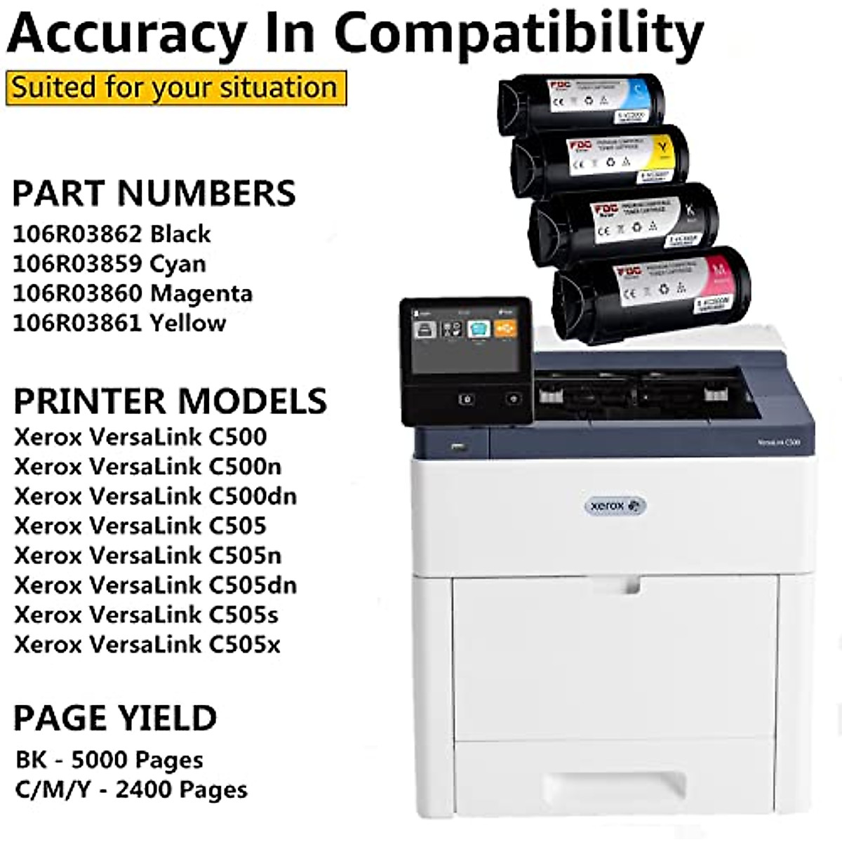 FDC Compatible 106R03862 106R03859 106R03860 106R03861 Toner Cartridges Replacement for Xerox VersaLink C505 C505S C505X C500 C500N C500DN Printers (Color, 4 Pack)