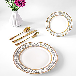 DUEBEL 4-Person Dinner Service Set, Includes 4 Ceramic Dinner Plates and 4 Ceramic Salad Plates with Gold Rim, 4 Cutlery Set for 4 Persons, Modern & Stunning Design