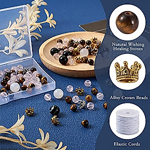 PandaHall 124Pcs Gemstone Bracelet Making Kit 8mm Natural Stone Gemstone Bead Crown Bead Tiger Eye Rose Quartz Gemstone Loose Bead & Elastic Cord for Bracelet Jewelry Making