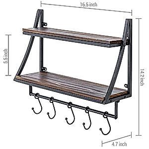 MyGift 2 Tier Wall Mounted Solid Brown Wood Floating Shelf with Metal Frame and 5 Sliding Hooks, Industrial Rustic Bathroom and Kitchen Display Storage Rack