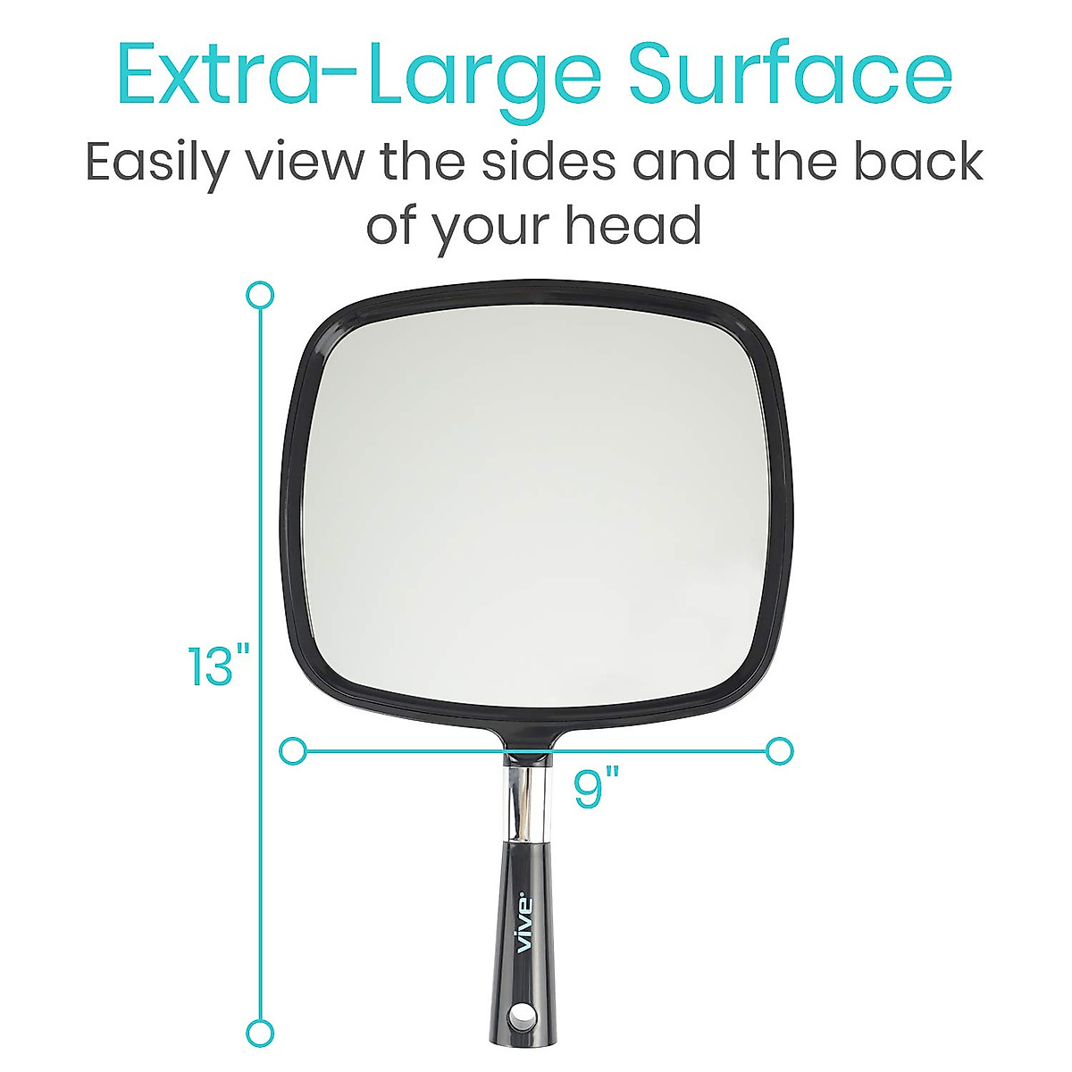 Vive Hand Mirror - Handheld Mirror with Handle - Extra Large Travel Portable Design - Makeup Mirror, Hair, Bathroom, Shaving, Barber - Vanity for Women, Men with Paddle Handle - Black Plastic Tool
