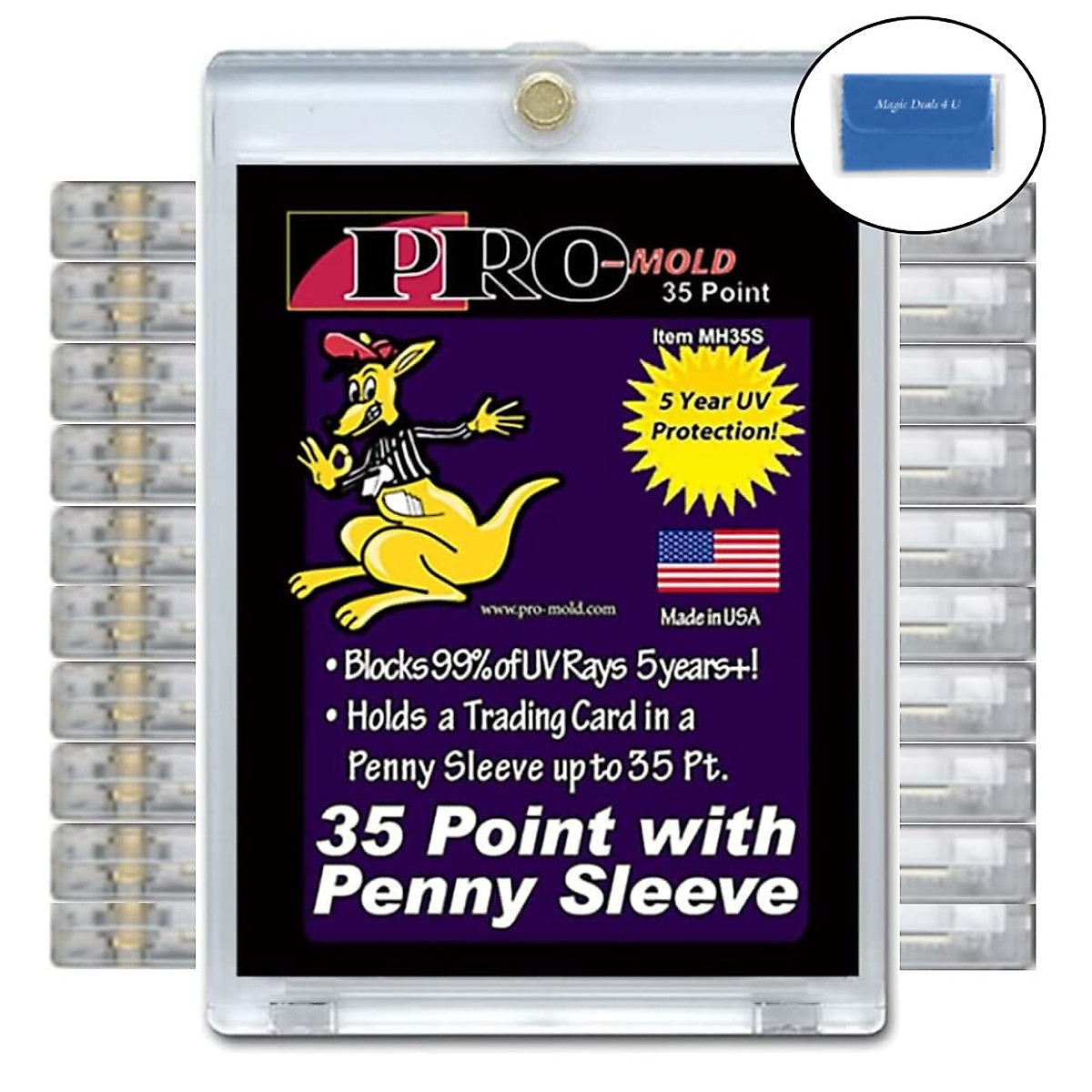 10-Count Pro-Mold 35pt. Magnetic One-Touch Card Holders Holds Sleeved Card USA Made with Cleaning Cloth, Gold