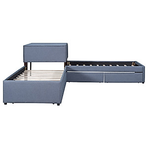L Shaped Upholstered Platform Bed with Trundle and Two Drawers Linked with Built-in Desk, Solid Wood Bed Frame Twin Size (Twin, Gray)