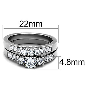 Lanyjewelry Three-Stone Type Brilliant CZ Stainless Steel Wedding Ring Set- Size 6