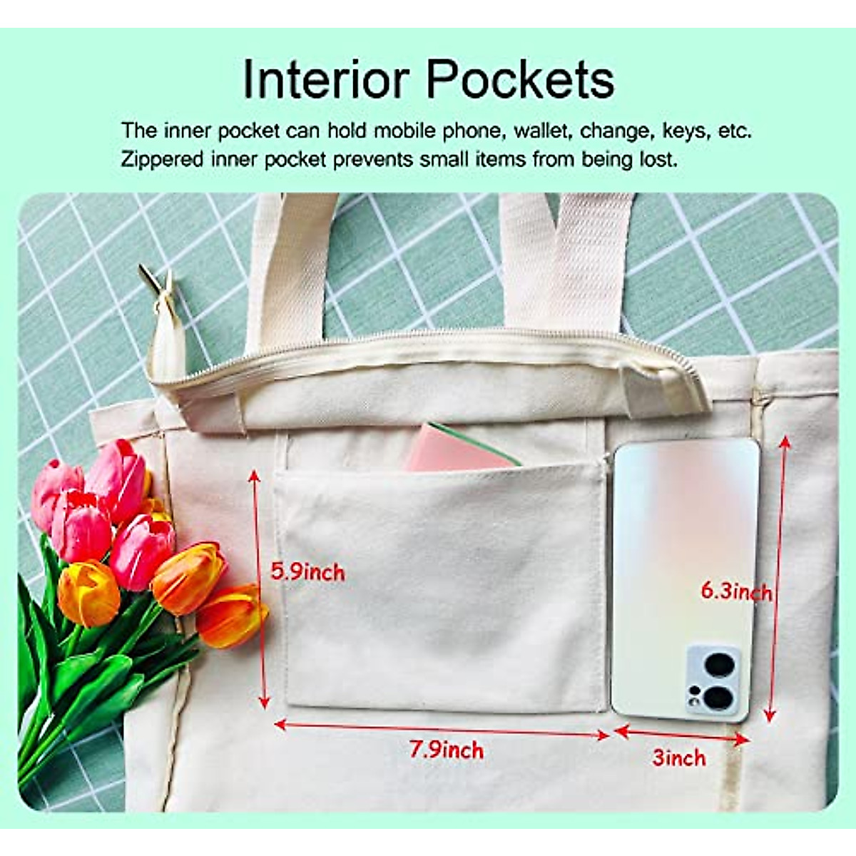 Canvas Aesthetic Tote Bag with Zipper Interior Pocket Shoulder Tote Bags for Women School Shopping