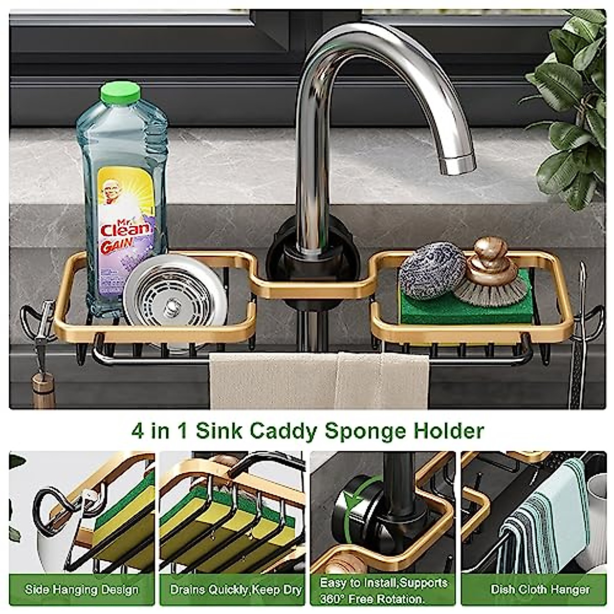 Gloserin Sponge Holder for Kitchen Sink,Adjustable Detachable Sponge Holder Over Faucet,Faucet Rack for Kitchen,Sink Caddy Sponge Holder,Kitchen Sink Organizer(Double with Dishcloth Rack, Gold)