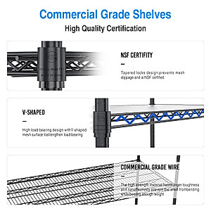 5 Tier NSF Metal Shelf Wire Shelving Unit, Heavy Duty Adjustable Storage Rack with Wheels & Shelf Liners, Black - 82" H x 48" L x 24" D 6000lbs Capacity
