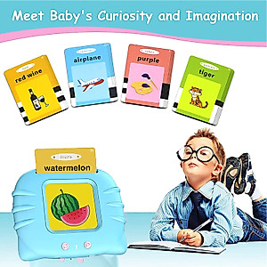 Educational Toddler Toy Flashcards Device,WONFAST 112PCS Double-Sided Illustrations Words Audible Preschool Learning Flash Cards Reader for Kids Boys Girls Birthday Christmas Children Gifts (Blue-1)