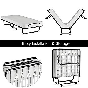 GOFLAME Folding Bed with Memory Foam Mattress, Portable Bed Cot Size with Metal Frame and Wheels for Kids and Adults, Rollaway Guest Bed for Home and Office, Made in Italy