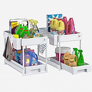 Luyata 2 Pack Under Sink Organizer, 2 Tier Pull Out Under Sink Cabinet Organizer, Sliding out Drawer Basket Storage Organizer Shelf for Kitchen Bathroom, with Hooks, Hanging Cups, Dividers, White
