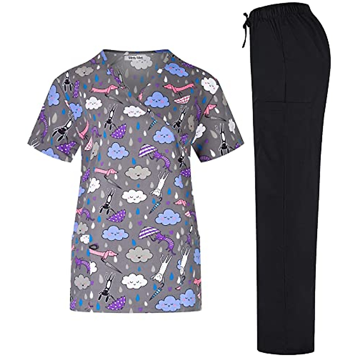 Minty Mint Women's Comfortable Lightweight Microfiber Printed Medical Scrub Set V-Neck Top and Pants Dentist Medical Profession Doctor EMT Nurse Veterinarian sI62vv Grey Purple M