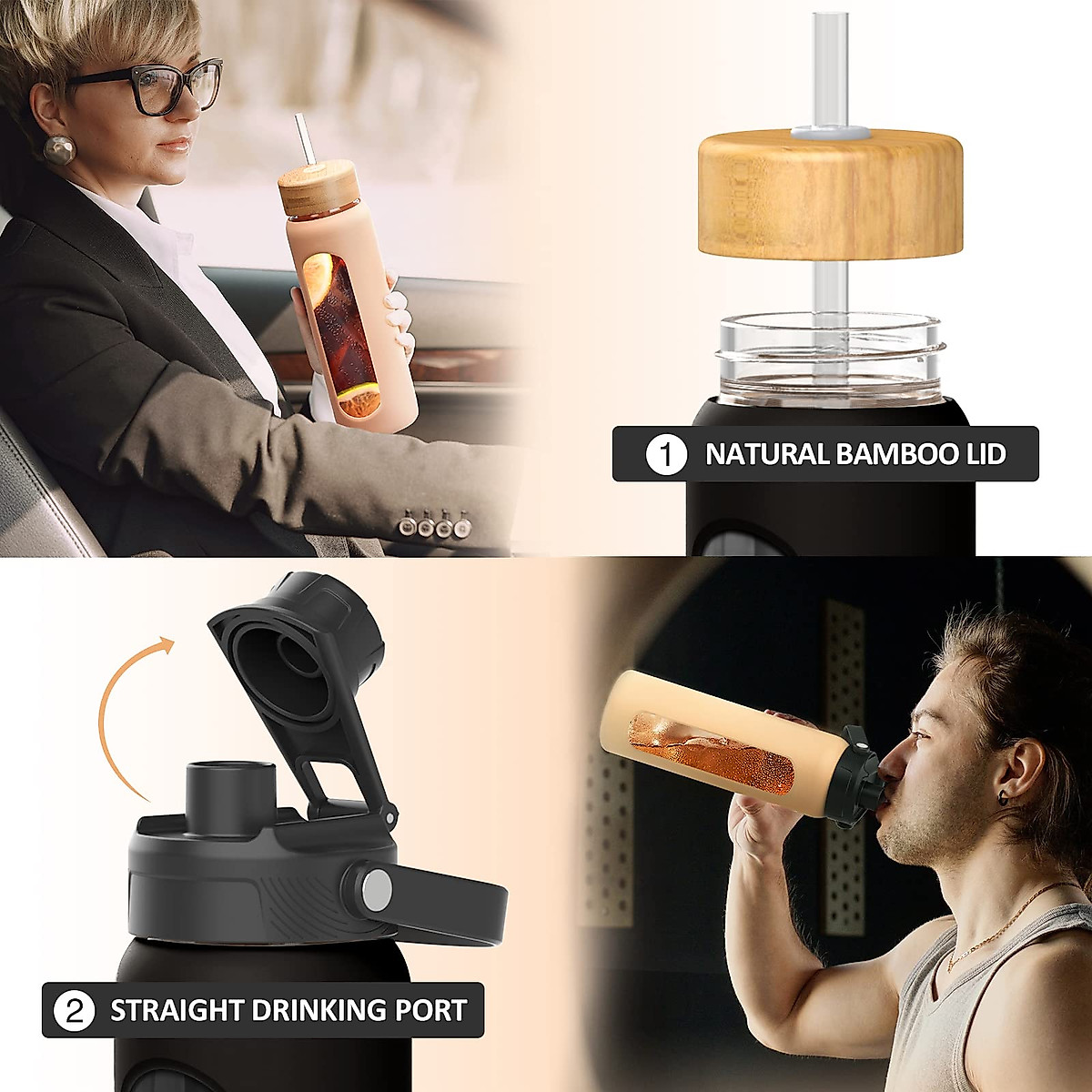 Kodrine Glass Water Bottles with Straw, 24oz Water Bottle with 2 Lids - Handle Spout Lid & Bamboo Straw Lid, Motivational Water Bottle with Silicone Sleeve, Wide Mouth, Leakproof, BPA Free(Black)