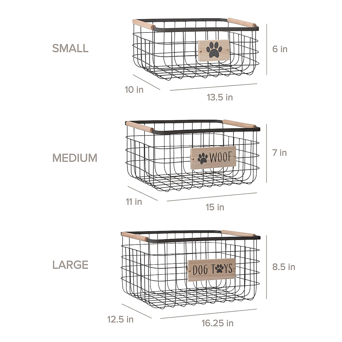 RGI Home Dog Toy Storage Baskets – Set of 3 Rectangular Metal Organizer Bins for Pet and Household Storage, Multi-Sized with Wood Accents, Durable and Rustic, Antique Gray Metal