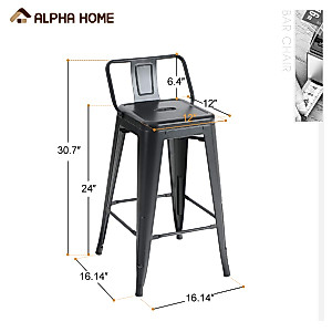 ALPHA HOME Metal Bar Stool Patio Stool 24 inches Counter Height Stools Set of 4 with Low Back Bar Chair for Indoor-Outdoor Kitchen Weight Capacity 350 lb, Matte Black