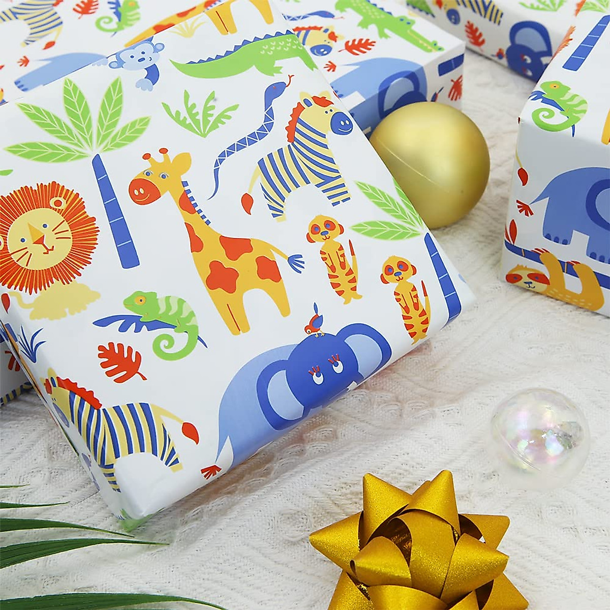 Wild Safari Zoo Jungles Animals Fun Wrapping Paper 4 Sheets for Kids Boys Girls, Adorable Gift Wrap for Birthday Baby Shower Children's Day Christmas, Folded Flat 20x30 Inches Per Sheet