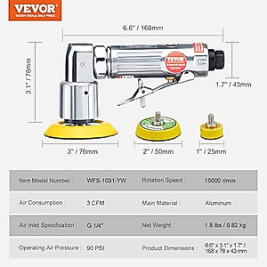 VEVOR 1/2/3 Inch Random Orbital Air Sander, High-Speed 15000RPM Mini Pneumatic Sander for Auto Body Work, 58PCS Air Powered Sander Kit with Sandpapers, Wool Pad, Wavy Sponges