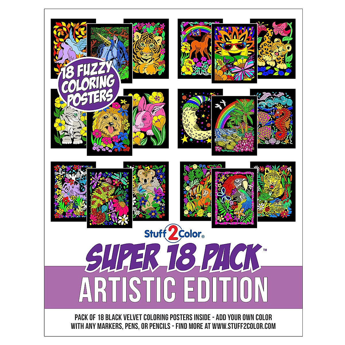 Super Pack of 18 Fuzzy Velvet Coloring Posters (Artistic Edition) - Great for Family Time, Arts & Crafts, Travel, Classrooms, Care Facilities [For All Ages: Girls, Boys, Adults, Toddlers, and More]