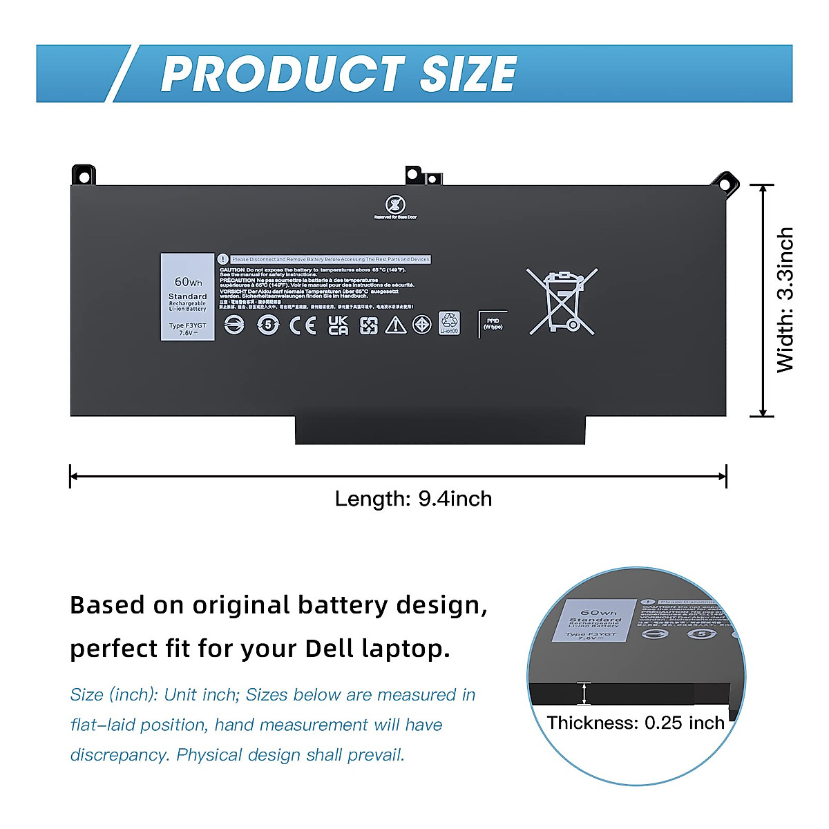 Latitude 7480 7490 Battery F3YGT Laptop Replacement for Dell Latitude 14 7000 7480 7490 12 7280 7290 13 7390 7380 E7480 E7490 E7280 E7290 E7390 Fits KG7VF DM3WC P73G 451-BBYE 2X39G 453-BBCF DM6WC 60Wh