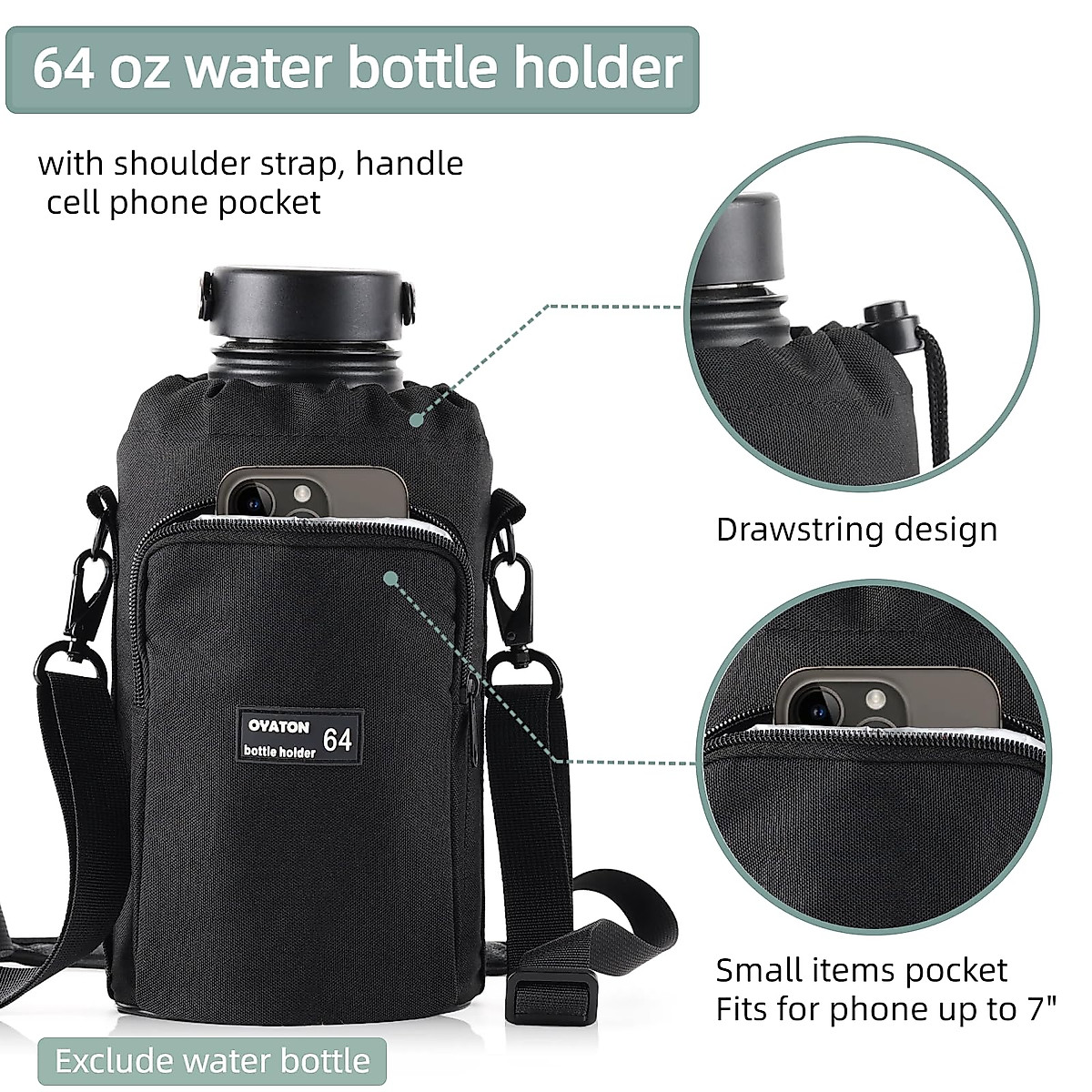 OYATON Water Bottle Holder With Strap for 64oz Bottles, Water Bottle Carrier Bag With Pocket and Handle for Walking Travel and Hiking(Exclude Bottle)