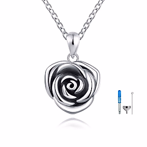 ACJFA Sterling Silver Rose Flower Cremation Urn Pendant Necklace Keepsake Ashes Memorial Jewelry for Women (Oxidized)