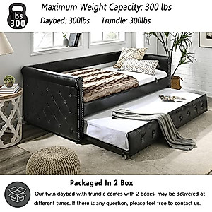 Antetek Daybed with Trundle, Twin Size Upholstered Daybed with A Trundle, Modern PU Leather Day Bed, No Box Spring Required, Sofa Bed for Bedroom, Living Room, Guest Room, Black