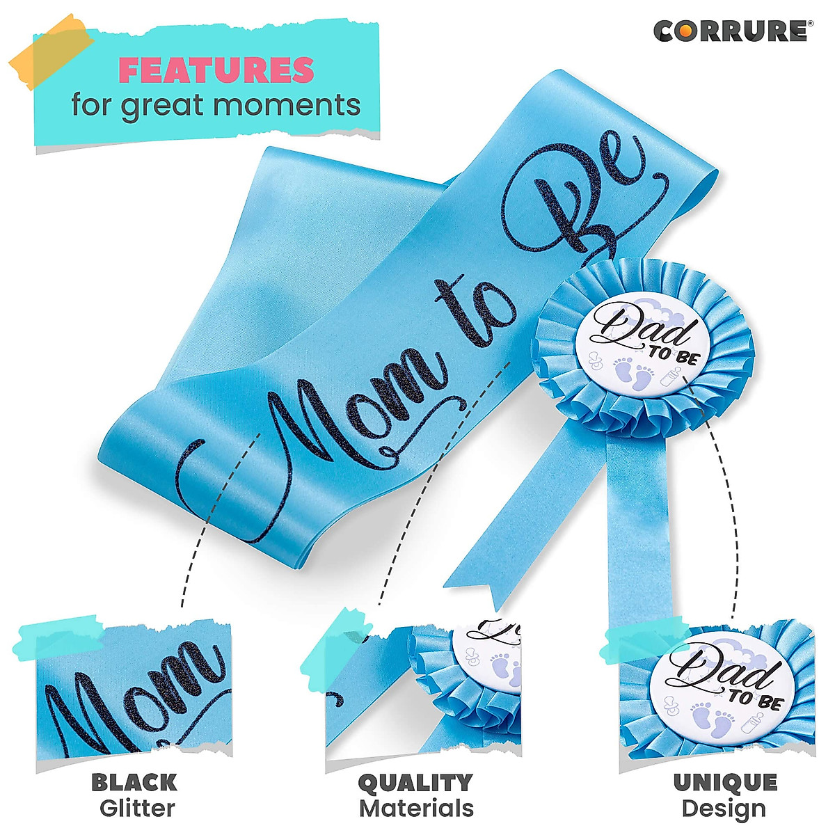 CORRURE Baby Shower Sash and Button Pin for Boy - 'Mom to Be' Sash and 'Dad to Be' Pin with Beautiful Blue Ribbon and Black Glitter Text - Ideal Mom and Dad Gift for Gender Reveal/Baby Shower