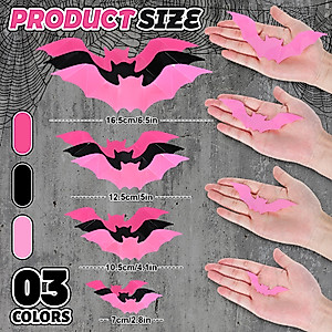 Whaline 112Pcs Halloween Wall Decoration 3D Bats with Foam Adhesive Black Pink Rose Red Waterproof Spooky Bats Stickers Hocus Pocus Party Supplies for Halloween Home Wall Window Door Decor, 4 Sizes