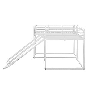 ATY L-Shaped Full and Twin Size Bunk Bed, Metal Bedframe w/Ladder & Slide, for 4 People, Bedroom, Dorm, Guestroom Supplies, Save Space Design,White
