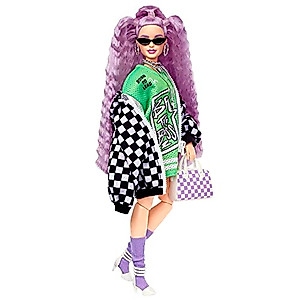 Barbie Extra Doll & Accessories with Crimped Lavendar Hair & Brown Eyes, 15 Toy Pieces Include Pet Puppy