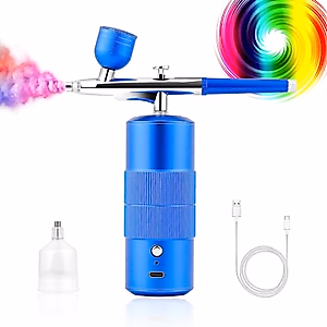 Airbrush Kit Machine with Compressor, Rechargeable Handheld Airbrush, Professional Cordless Air Brush Portable for Nail Art, Makeup, Barber, Cake Decor, Painting (Blue)