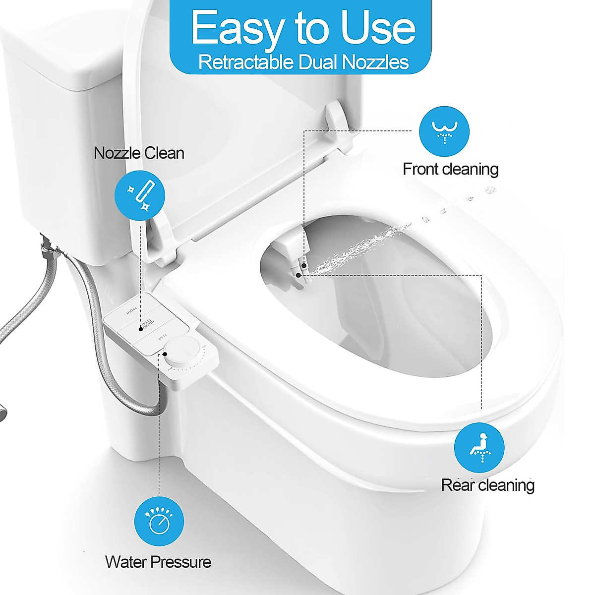 ZhiQToes Bidet Attachment for Toilet,Non-Electric Self Cleaning,Dual Retractable Nozzles Badays for Toilets Seat,Adjustable Water Pressure Fresh Water Sprayer,Front & Rear Wash (White)
