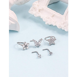 Pnsgisr Nose Rings Studs Hoops Piercings Jewelry for Women Men 20g 20 Gauge Silver Surgical Stainless Steel l Shaped Shape Stuf Bar Big Hypoallergenic Butterfly Nostril Aretes Para La Nariz