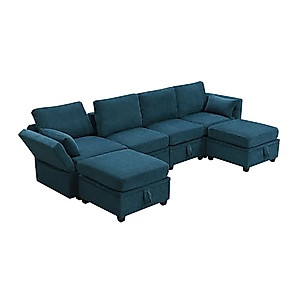 109" Chenille Modular Sectional Sofa Set, U-Shaped Sofa Couch with Adjustable Armrests and Backrests, 6 Seat Reversible Sofa Bed with Storage Seats for Living Room/Apartment, Blue