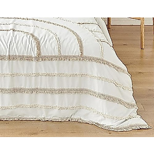 Sweet Jojo Designs Ivory Boho Chic Sun Boy Girl Unisex Queen Duvet Cover Bedding Set Full Size Bed Comforter Case Shams 3pc Off White Cotton Bohemian Farmhouse Shabby Southwestern Beige Tassel Fringe