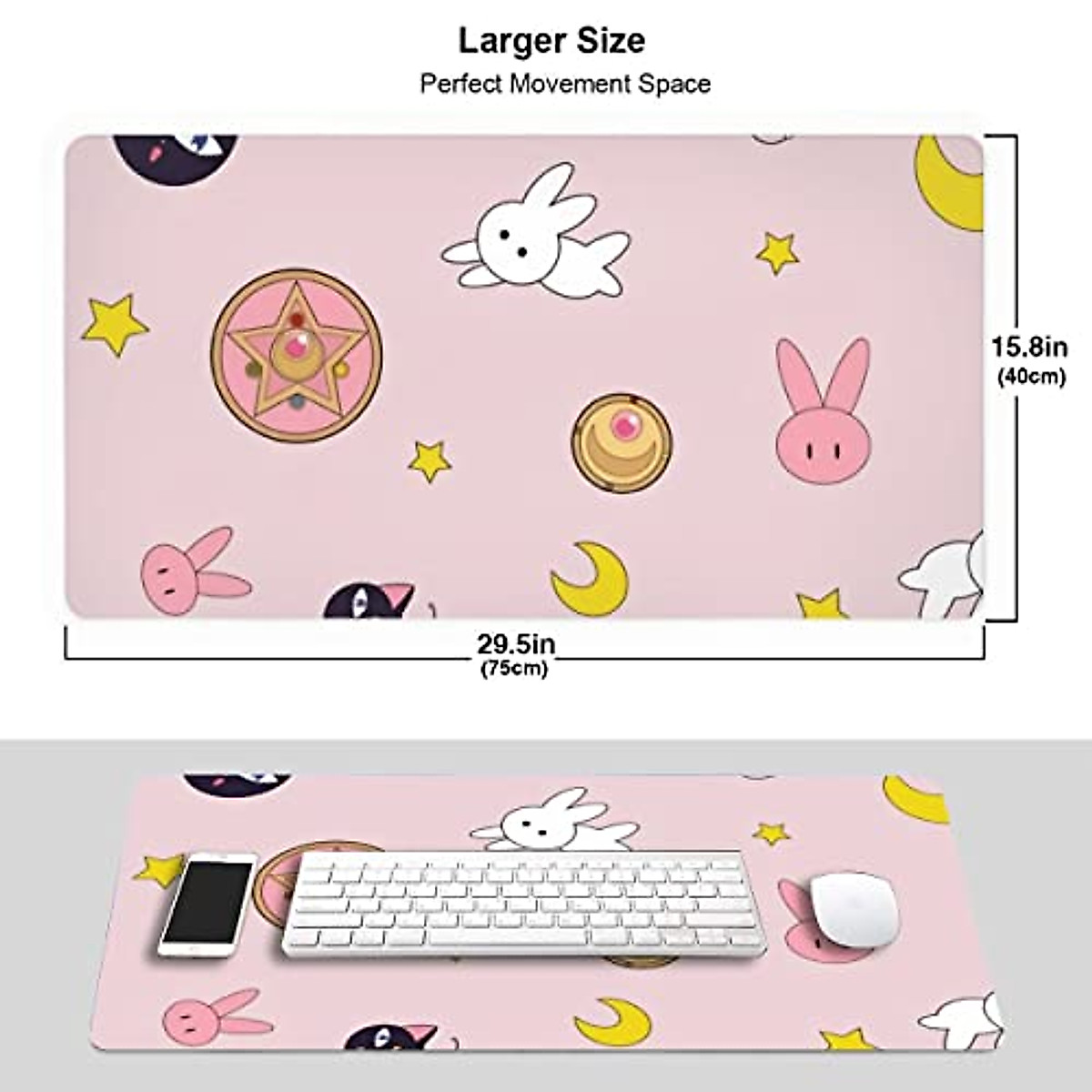 Pink Moon Rectangle Anime Non Slip Rubber Mousepad Mouse Pads/Mouse Mats Case Cover with Designs for Office Home Woman Man 30x15.7 Inch(75x40 cm)