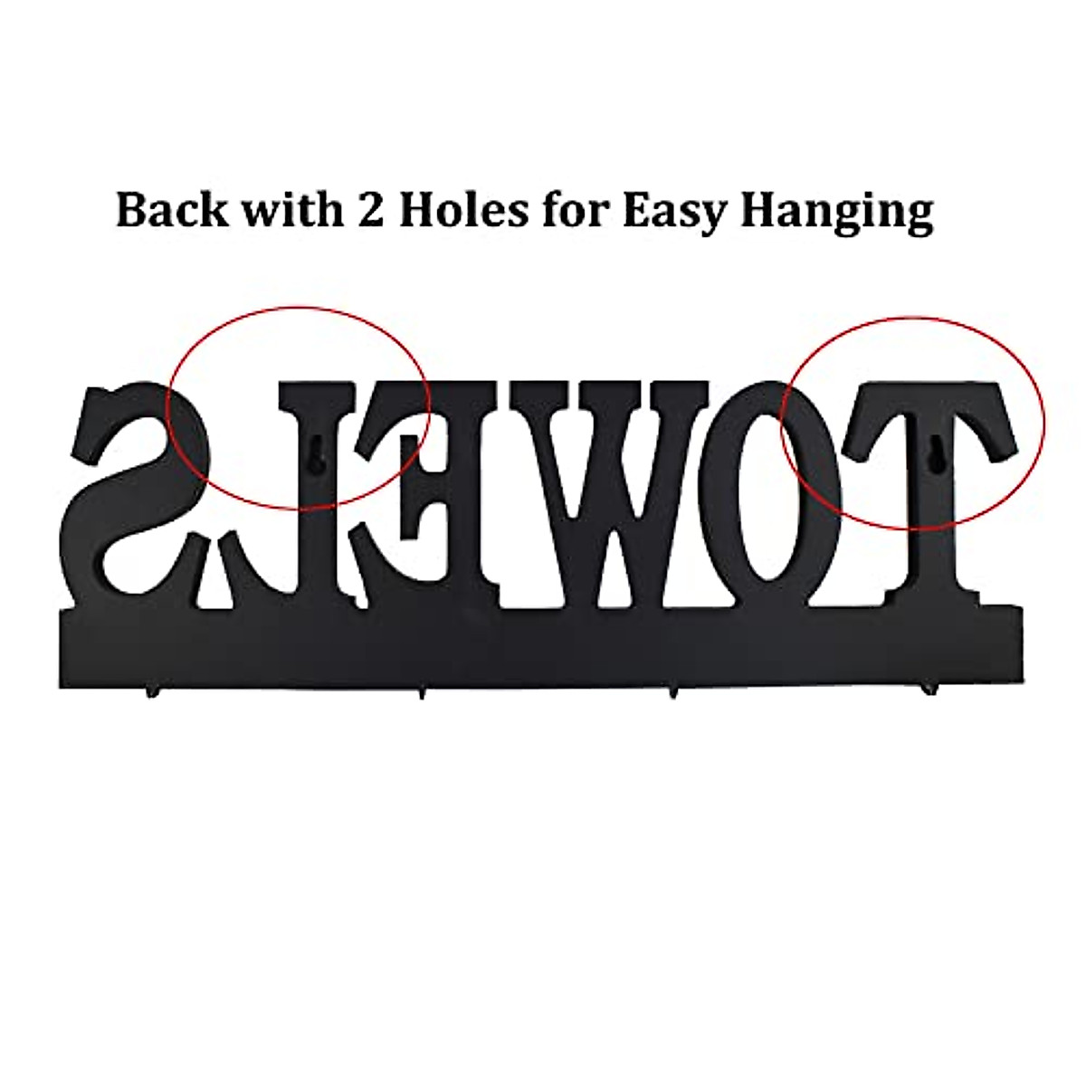 Black Wood Towel Hooks for Bathroom Decorative Cutout Word Sign Wall Decor, Wall Mounted Towel Rack Hanger Hanging Word Sign with 4 Hanging Hooks
